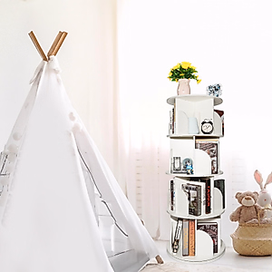 BEICNWOD Rotating Bookshelf,4 Tier 360° Revolving Bookcase,Small Corner Bookshelf for Small Space, Stackable Bookshelf Organizer, Display Cabinet for Office Home Living Room，White (White)