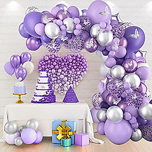 Purple Balloon Garland kit Macaron Purple Silver Balloon Arch Butterfly Stickers Confetti Latex Balloons Arch for Bridal Shower Baby Shower Wedding Birthday Party Decorations for Girls and Women