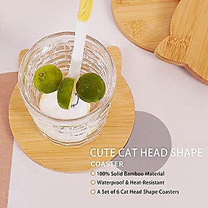 Baveke Bamboo Crafted Unique Adorable Cat Shaped Coasters Set of 6 for Bar Dining Table Kitchen Home Décor - 5.3 Inches, Natural