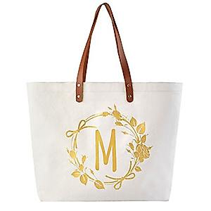 ELEGANTPARK Birthday Gifts for Women Mom Friend Personalized Bag with M Letter Teacher Gifts Bridesmaid Gifts Monogrammed Gifts for Women Canvas Tote Bag Ivory with Pocket