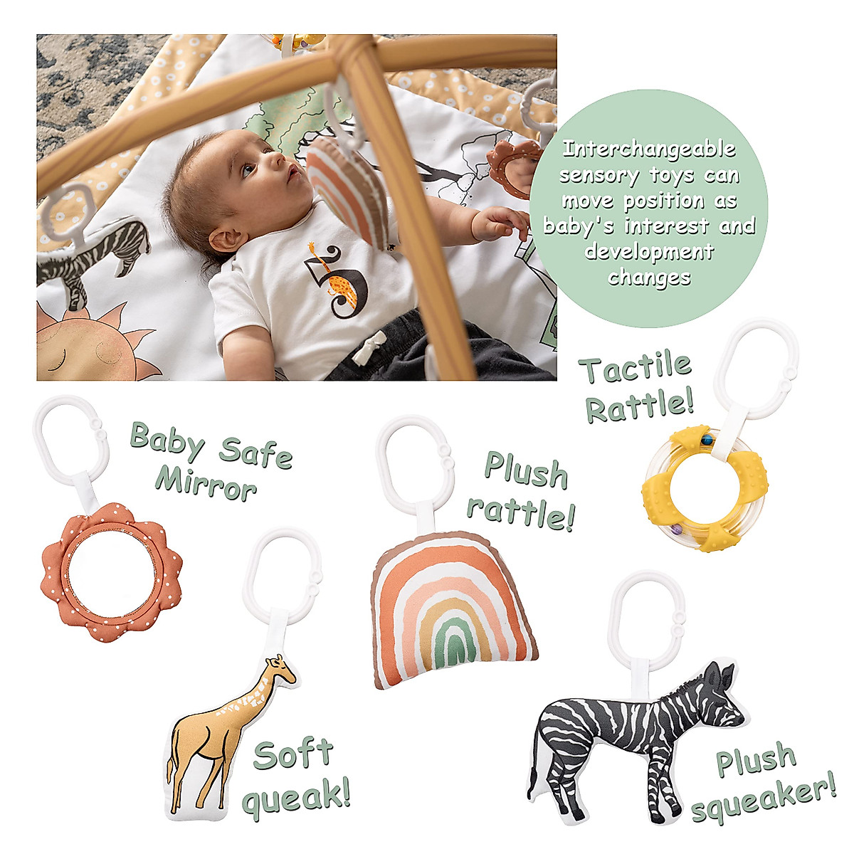 JumpOff Jo - Baby Gym Activity Center & Washable Play Mat - Includes 5 Early Development & Sensory Toys – Ideal for Infants Ages 3 Months or Older - Tiny Dino Blue