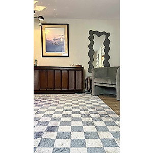 Hauteloom Brone Contemporary Checkered Area Rug - Modern Geometric Bordered Carpet for Living Room, Bedroom, Dining Room - Checkboard Design - Square Tiles - Blue, Ivory - 5'3" x 7'