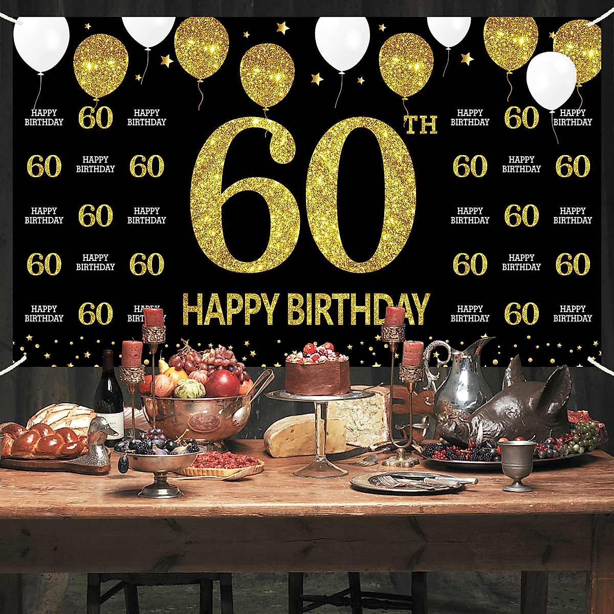 60th Birthday Decorations Happy 60th Birthday Banner for Men Women, Black Gold 60 Birthday Backdrop Sign Party Supplies, Sixty Birthday Photo Booth Background Decor for Outdoor Indoor