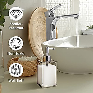 Clear Acrylic Refillable Soap Dispenser with Rust Proof Stainless Steel Pump, Modern Square Liquid Hand Soap Dispenser for Bathroom Vanity, Sturdy Dish Soap Dispenser for Kitchen Sink | 12 oz, 1 Pack