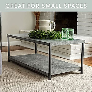 Household Essentials Jamestown Rectangular Coffee Table with Storage Shelf Rustic Slate Concrete and Black Metal