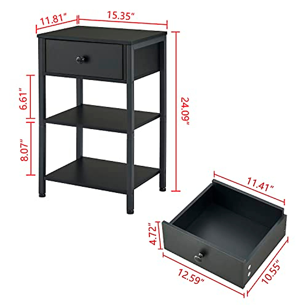 Hoctieon Nightstand, Nightstand with Drawer, Small Bedside Table, End Table with Drawer, Small Nightstand, Industrial Nightstand, Easy Assenbly, for Bedroom, Living Room, Office, Wood, Black