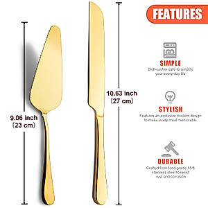 Mamajardin Cake Cutting Set for Wedding - Elegant Knife and Server Set with Stainless Steel Rounded Edges, Cake Cutter Pie Spatula Birthday Anniversary Easter Mother's Day Gifts of 2, Gold