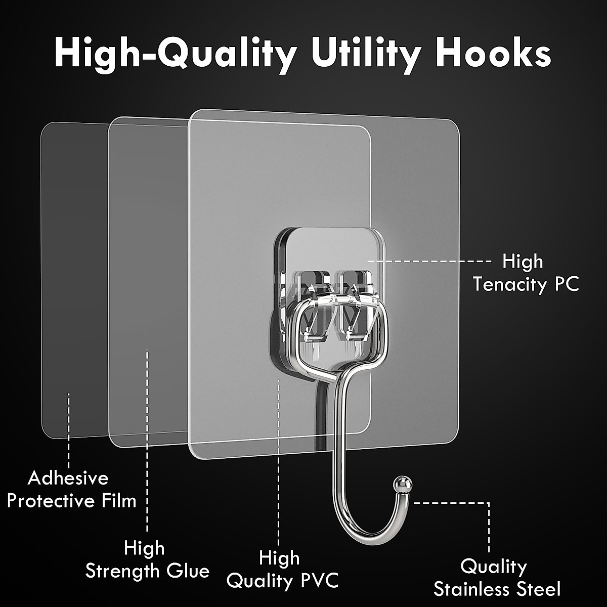 Lsnisni 20 Pack Large Adhesive Hooks, Wall Hooks for Hanging Heavy Duty 22Ib(Max), Clear and Removable Strong Sticky Hooks, Waterproof and Rustproof Multiple Uses for Bathroom Kitchen Office