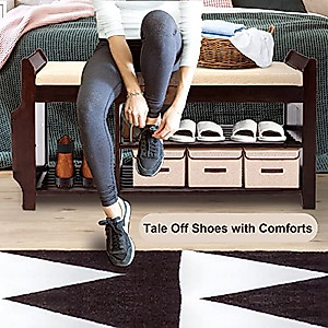 Nnewvante Large Shoe Bench Rack Shoe Organizer with Storage Basket Side Drawer Bamboo Removable Padded Cushion Seat for Entryway Hallway Living Room Bathroom-37.4in