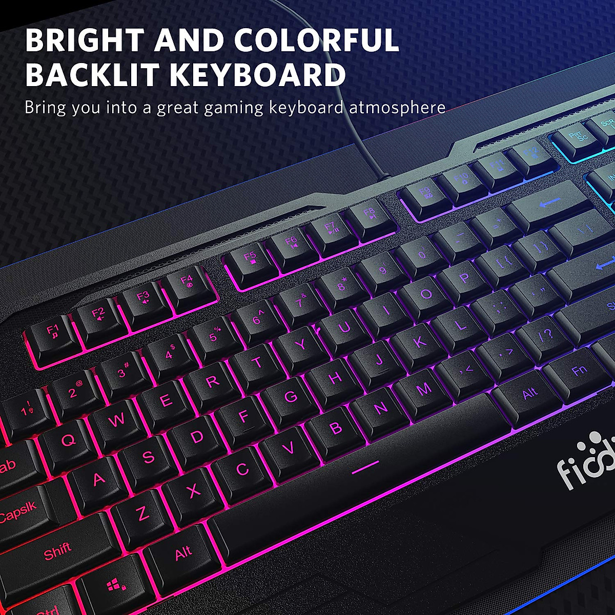 Fiodio Rainbow Wired Gaming Computer Keyboard and Mouse Combo, Ergonomic Keyboards with Wrist Rest, 104 Multimedia Keys, 1600 DPI Gamer Mouse for Windows PC and Desktop