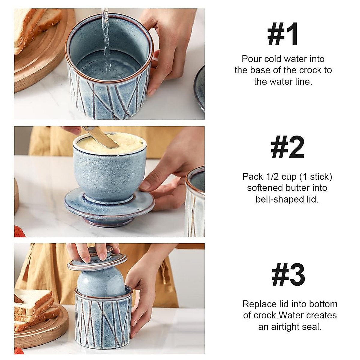 HVH Ceramic Butter Crock, French Butter Dish with Lid for Countertop, Butter Crock with Water, Butter Keeper for Counter, Butter Holder for Soft Butter (Wabi sabi)