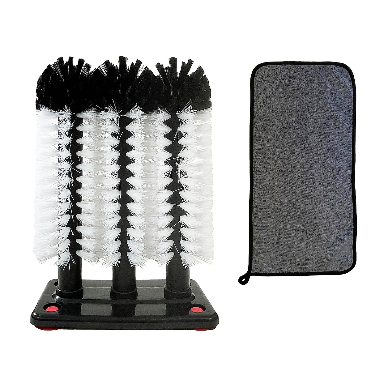 Anchorton Glass Washer Brush - 3 Brush Bar Glass Cleaner - Brushes for Large Cups Glasses and Bottles - Suction Cups for Stable Grip on Sink, Bar and Kitchen Top - Includes Cleaning Cloth