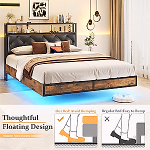 HISOFT Floating Full Bed Frame with 2-Tier Storage Headboard, Metal Full Bed Frame with Charging Station & LED, Faux Leather, No Box Spring Needed, Noise Free, Easy to Assemble, Black Diamond