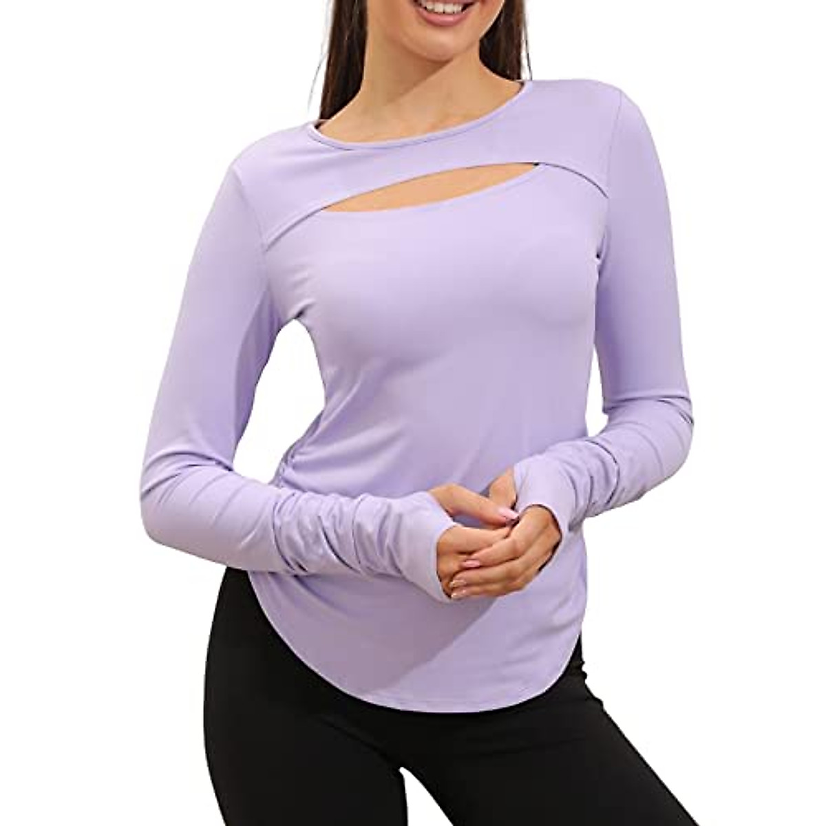 Aurgelmir Women's Casual Crewneck Workout Shirts Long Sleeve Cutout Solid Athletic Running Yoga Tops with Thumb Holes Purple