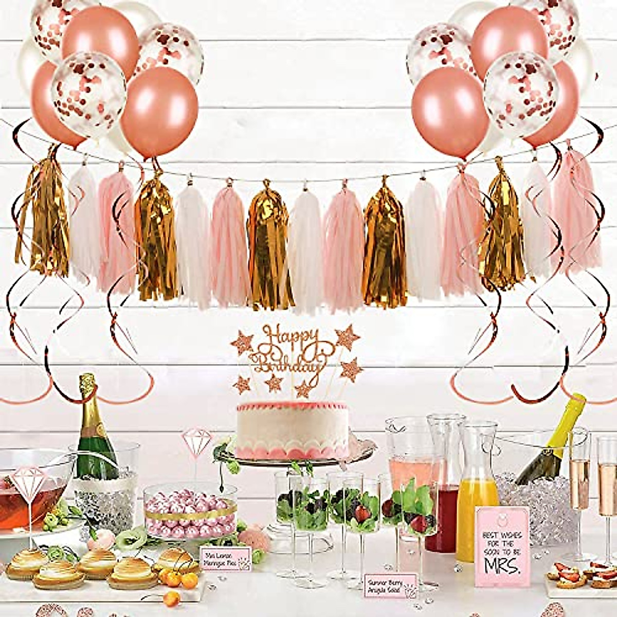 Rose Gold and Pink Birthday Party Decorations Set with Happy Birthday Banner,DIY Cake Topper,Circle Dots Garland,Hanging Swirls,Tissue Paper Pompoms,Paper Tassels Garland,Confetti Balloons for Man Women Birthday Party Decorations