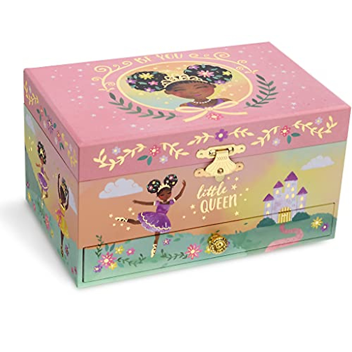 Jewelkeeper Girl's Musical Jewelry Storage Box with Pullout Drawer and Black Ballerina, Little Queen Design, Swan Lake Tune