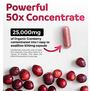 Organic Cranberry Pills - 50:1 Concentrate Equals 25,000mg of Fresh Cranberries (Vegan) for Urinary Tract Health & Kidney Cleanse - Cranberry Pills for Women - UTI Support Supplement - 60 Capsules