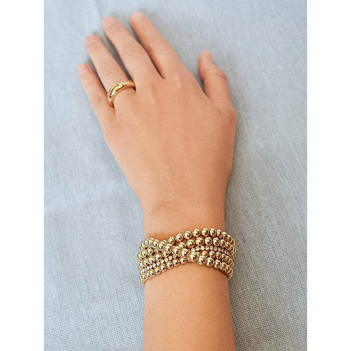 FUNOJOY Gold Plated Beaded Bracelets for Women Fashion Beads Elastic Bracelet Beaded Stackable Bracelets Pack, Birthday, Mother's Day, Christmas Gift for Women