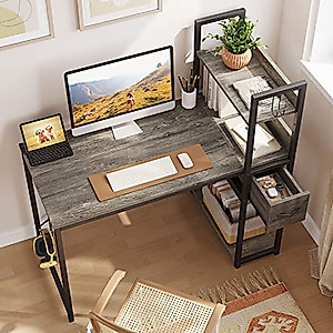 Bestier Home Office Desk with Drawer and Cable Management Rack, 47 Inch Computer Desk with Shelves, Writing Desk with Reversible Storage Bookshelf (Retro Grey Oak Dark)