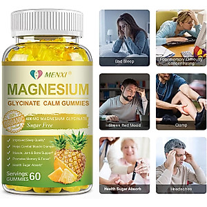Magnesium Glycinate Gummies 400mg, Sugar Free Magnesium Taurate, Magnesium Malate Supplement with Vitamin D, B6, CoQ10 for Relaxation, Stress Relief, Muscle, Bone & Sleep Support- 60 Pineapple Gummies