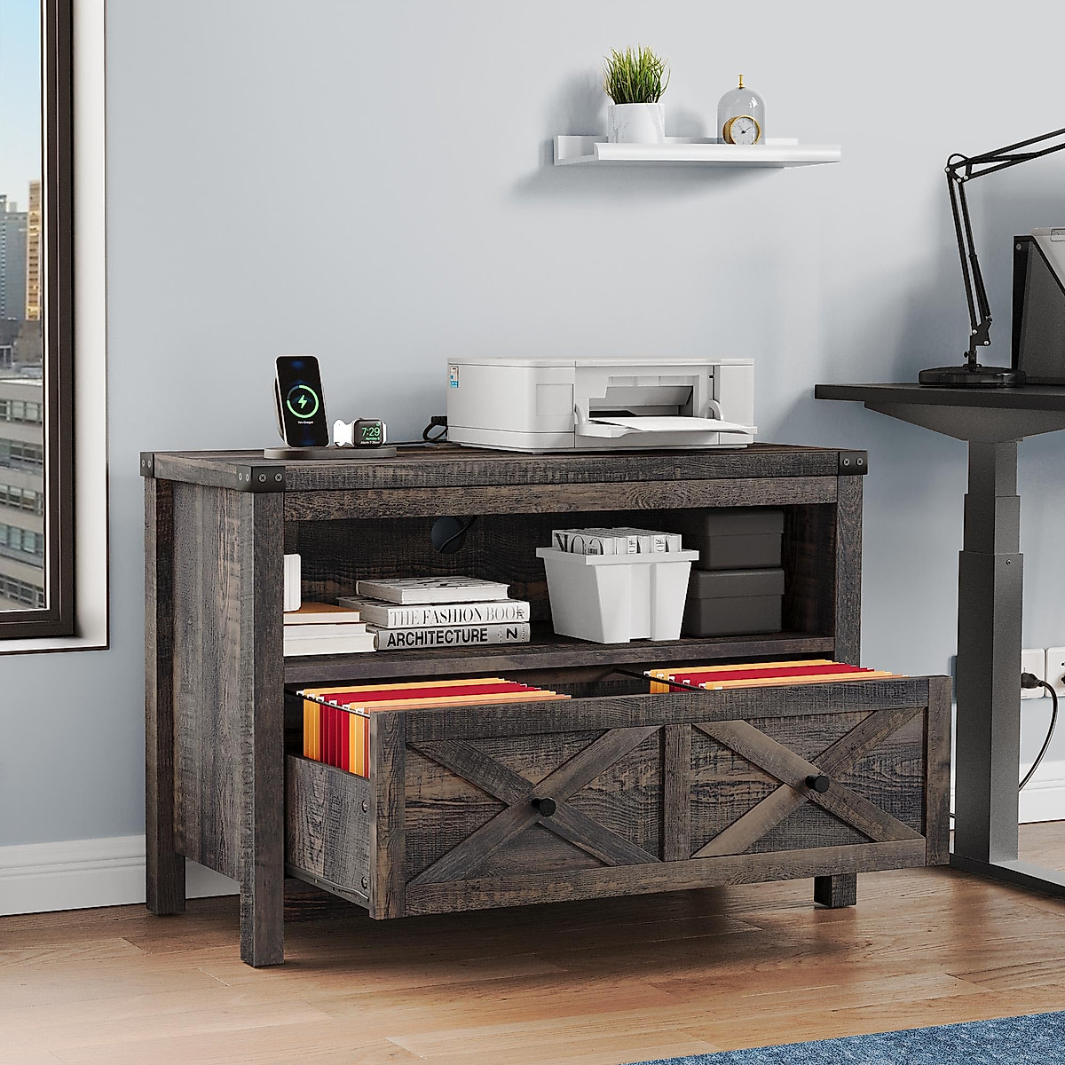 YITAHOME Wood File Cabinet with Charging Station, Drawer Filing Cabinet Cart, Farmhouse Nightstand Printer Stand for Home Office, Bedroom, Living Room, Entryway, Dark Rustic Oak