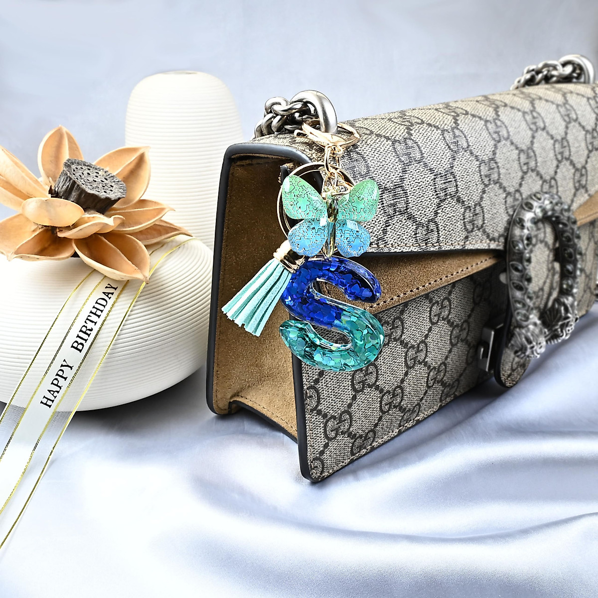 JINGUAZI Initial letter Keychains for Women Tassel Butterfly Pink Purple Cute Car Keychain for Wallet Backpack bag charm (S-Blue Green)