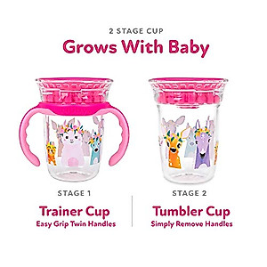 Nuby 360 Edge 2 Stage Drinking Rim Cup with Removable Handles & hygienic Cover: 8 Oz/ 240 Ml, 12M+, Flower Crowns, Pink (80819)