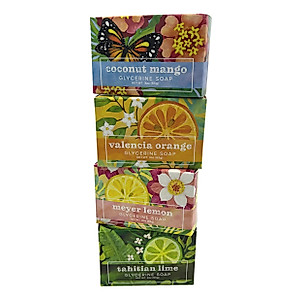 Greenwich Bay Trading Co., Fresh Fruit Collection, Set of 4 Glycerine Bar Soaps, 3 Oz. Each - Coconut Mango, Meyer Lemon, Tahitian Lime and Valencia Orange