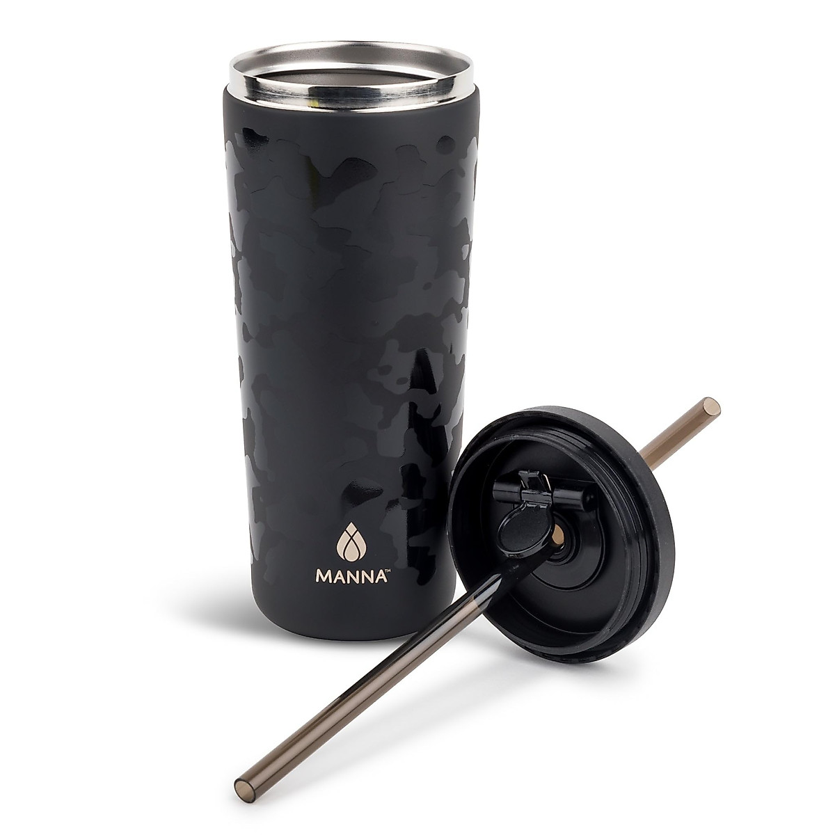 Manna Ranger Double-wall Insulated Stainless Steel Tumbler with Leak-proof Smart Seal Lid and Reusable Tritan Straw - 24 Oz - Black Camo