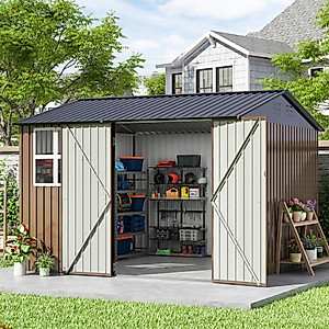 HOGYME 10x10 FT Outdoor Storage Shed, Large Metal Tool Sheds with Updated Frame Structure and Lockable Doors, Garden Shed for Backyard Garden Patio Lawn, Brown