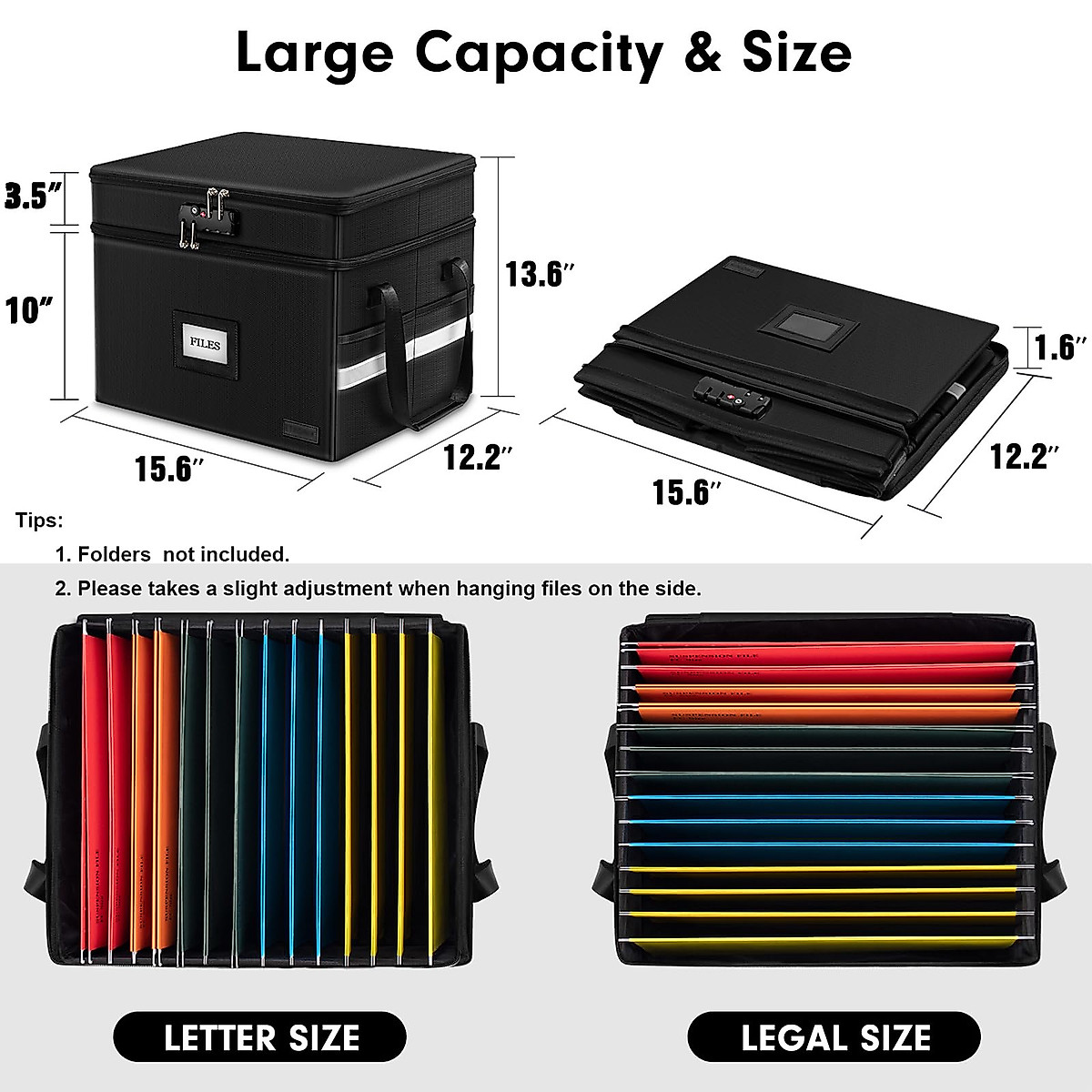 Fireproof Document Box with Lock, ETRONIK 2 Layer File Box Organizer with 5 Tab Inserts, Portable Office Collapsible File Storage with Reflective Strip for Hanging Letter/Legal Size Folder/Certificate