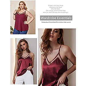 Ekouaer Satin Mesh V Neck Tank Top Women Cami Top Silk Camisole Blouse Red