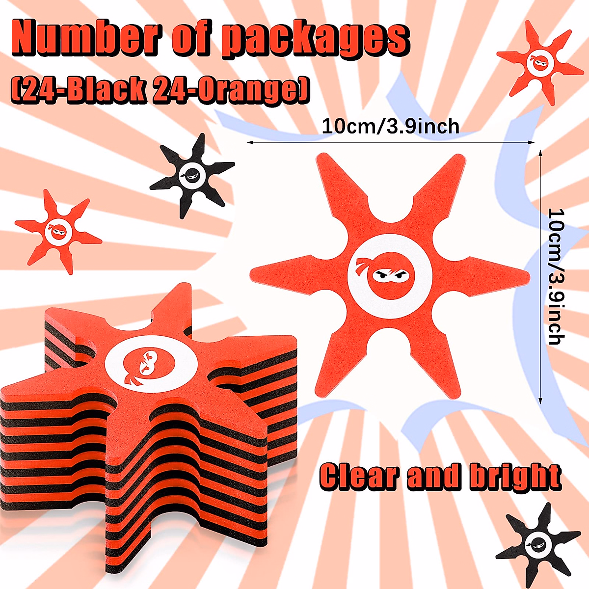 Deekin 8 Pcs Ninja Foam Star Toys Throwing Stars Foam Throwing Toys for Boys Halloween Cosplay Ninja Party Favors Birthday Party Supplies Decorations, 4 Inch, Black and Orange