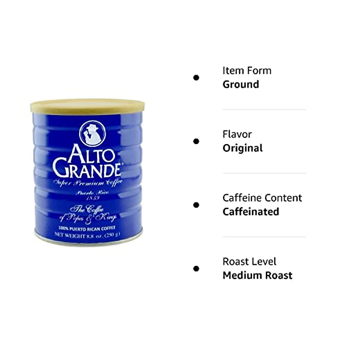 Alto Grande Super Premium Coffee Ground, Single Origin, Puerto Rico, 8.8 Ounce Canister