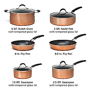 Ecolution Impressions Hammered Nonstick Pots and Pans Set, Dishwasher Safe Cookware with Riveted Stainless Steel Handles, 10-Piece, Copper