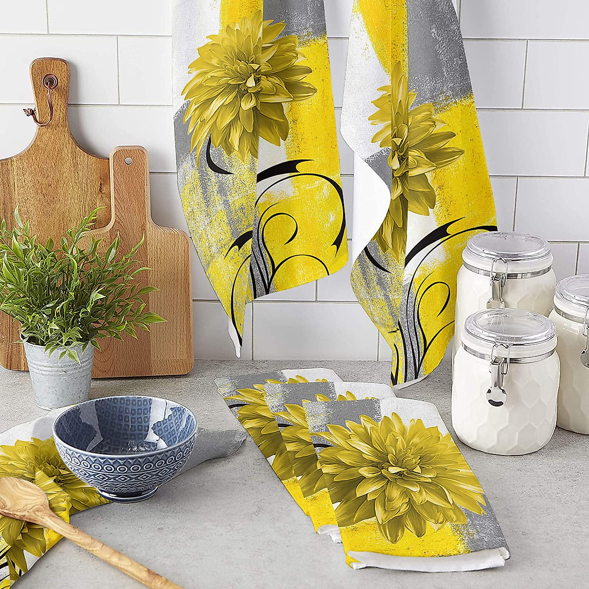 Chic Decor Home Kitchen Towels Yellow Dahlia Flowers Tea Towel Microfiber Absorbent Washable Floral Abstract Gray White Hand Dish Cleaning Cloth for Kitchen Bathroom, 18 x 28 Inch, Dahlia4050, 2-PACK