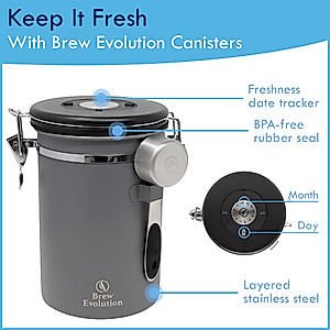 Brew Evolution Stainless Steel Coffee Canister with Scoop For Tea, Coffee, Sugar, Flour - Airtight Container Jar for Storage, 22 oz, French Blue