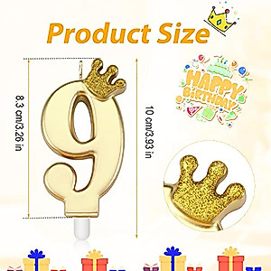 3.9inch Birthday Number Candle, Large 3D Number Birthday Candles for Cake with Glitter Crown Decor Cake Topper Candle for Wedding Ceremony Anniversary Festival Party (Gold, 9)