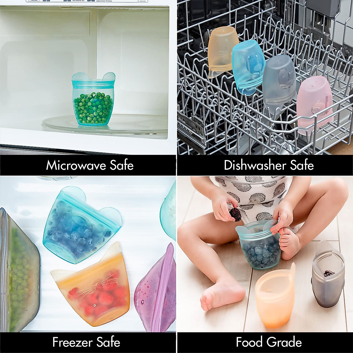 Zip Top Reusable 100% Silicone Baby + Kid Snack Containers- The only containers that stand up, stay open and zip shut! No Lids! Made in the USA - Gray Dog