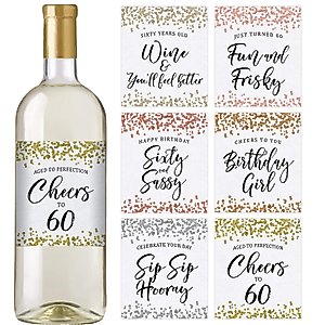 Printed Party 60th Birthday Wine Bottle Labels, Confetti, Set of 6
