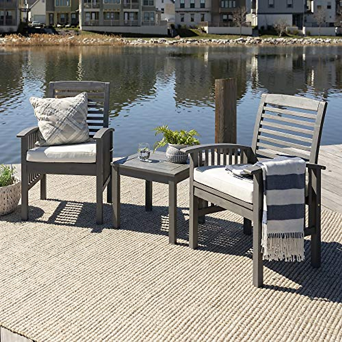 Walker Edison Rendezvous Modern 3 Piece Solid Acacia Wood Slat Back Outdoor Chair and Side Table Set, Set of 3, Grey Wash