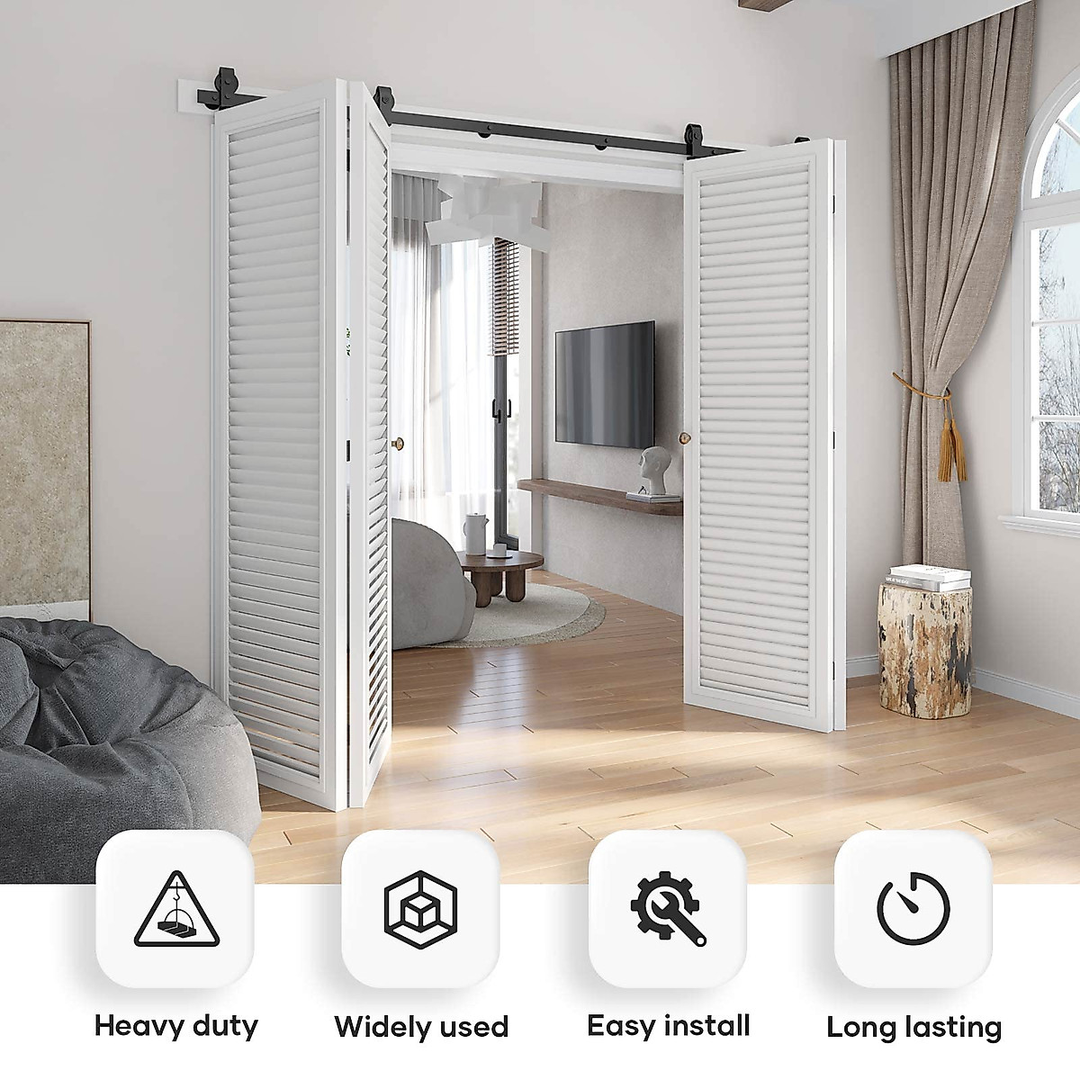 EaseLife 96" Bi-Folding Sliding Barn Door Hardware Track Kit for 4 Closet Door,Top Mount Roller,Heavy Duty,Slide Smoothly Quietly,Easy Install,Black,No Door (Track Length 100" for Four 24" Wide Door)