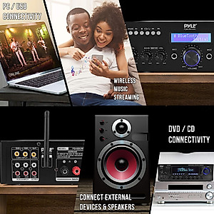 Pyle Wireless Microphone Power Amplifier System - 200W Dual Channel Sound Audio Stereo Karaoke Speaker Receiver w/USB, AUX, Microphone in w/Echo, Radio,Home Theater via RCA, Studio Use PDA8BUWM.5