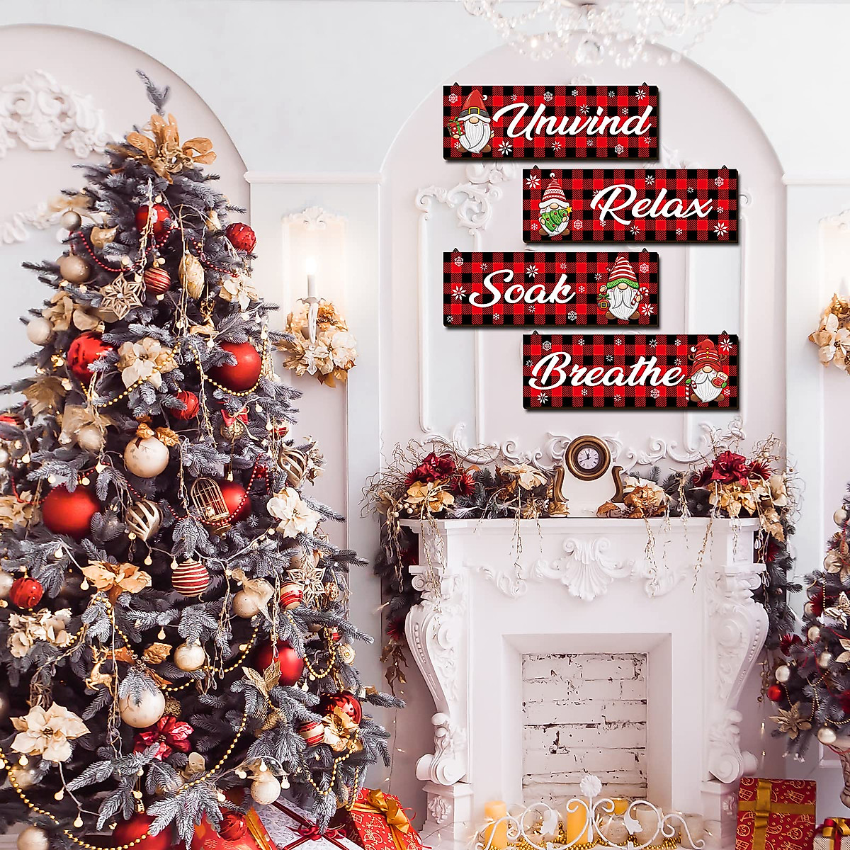 4 Pieces Christmas Bathroom Wall Decor Christmas Gnome Wood Relax Soak Unwind Breathe Wall Art Bathroom Sign Hanging Snowman Winter Xmas Wooden Sign for Christmas Winter Living Room Laundry Bathroom