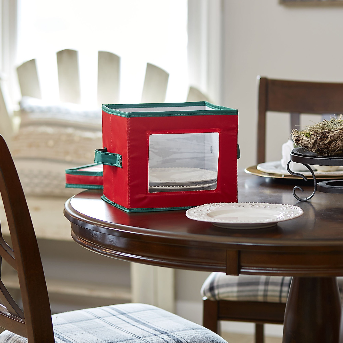 Household Essentials 534RED Holiday China Dinnerware Storage for Salad Plates or Bowls | Removable Lid | Red Canvas with Green Trim