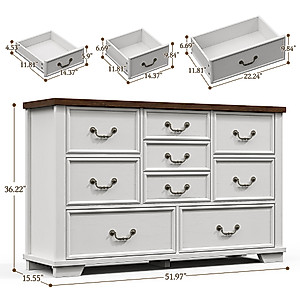 EnHomee Dresser for Bedroom with 9 Drawers, Rustic Wood Dressers & Chests of Drawers with Antique Handles and Smooth Rail, 51.97" Long Dresser TV Stand for Sitting Room, Entryway, Antique White