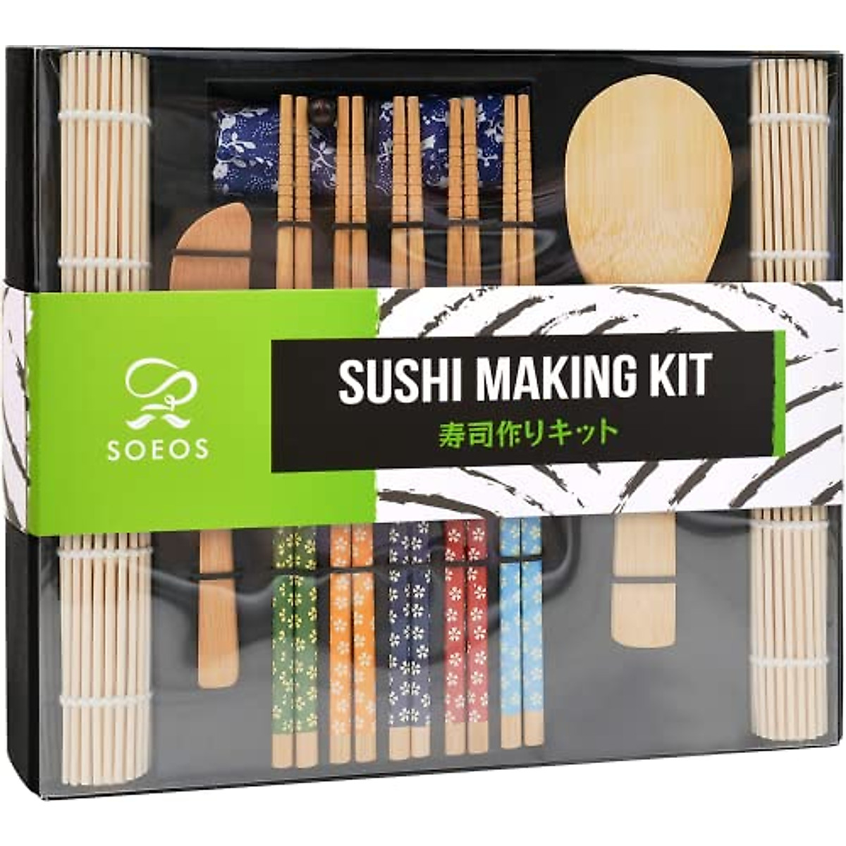 Soeos Beginner Sushi Making Kit, Sushi Making Kit for Beginners with 2 Sushi Rolling Mats, 5 Pairs Chopsticks, 1 Paddle, 1 Spreader, 1 Cotton Bag, Sushi Making Kit Gift Set, Sushi Maker Kit