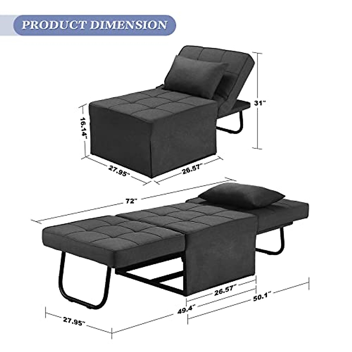 Saemoza Sleeper Sofa Bed, 4 in 1 Multi Function Single Folding Ottoman Bed, Modern Sleeper Convertible Chair Adjustable Backrest Small Couch Bed for Living Room/Small Apartment, Deep Grey