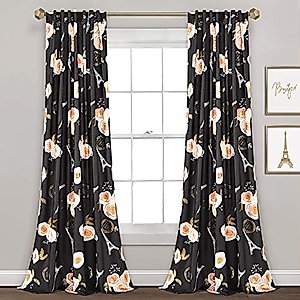 Lush Decor Black Vintage Paris Rose Butterfly 2-Piece Window Curtain Panel Set, Long Floral Polyester Themed Pattern (84" x 52")