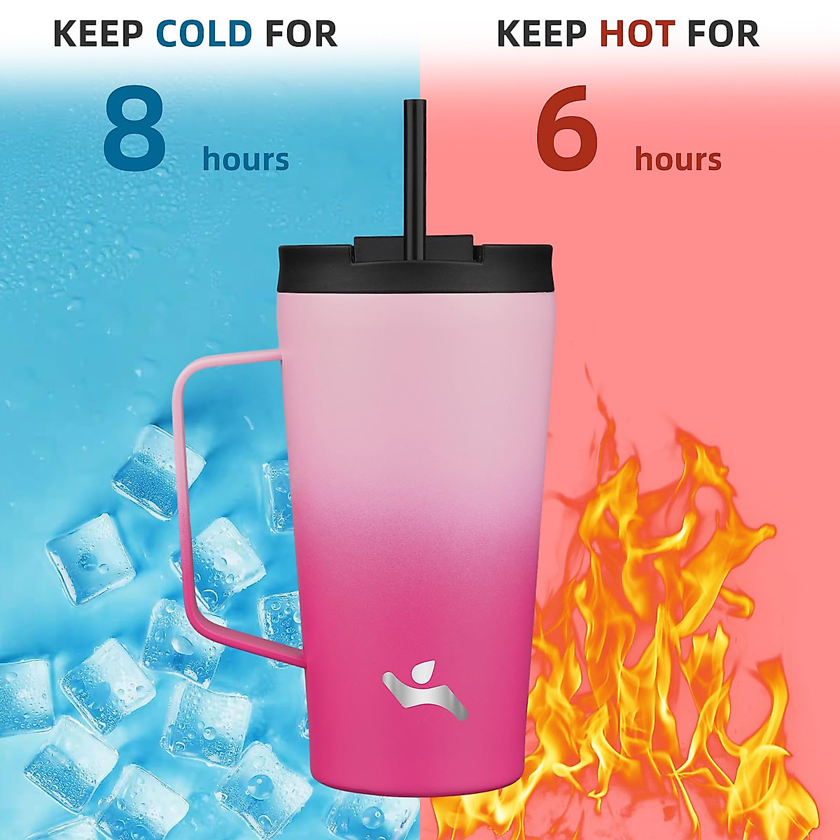 Konokyo Insulated Tumbler with Handle and Straw, 18 OZ Travel Coffee Mug Stainless Steel Cup Metal Water Bottle,Cherry